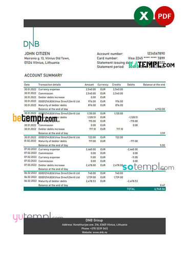 Lithuania DNB bank statement Excel and PDF template