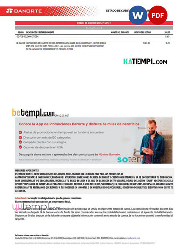 Mexico Banorte bank statement Word and PDF template, version 2