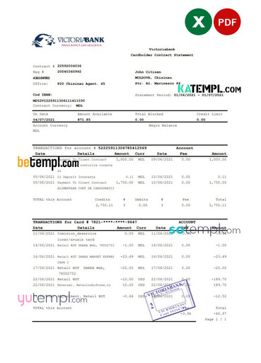 Moldova Victoriabank bank statement easy to fill template in Excel and ...