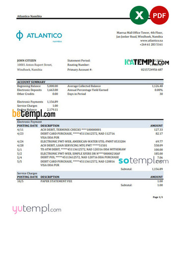 Namibia Atlantico bank statement Excel and PDF template