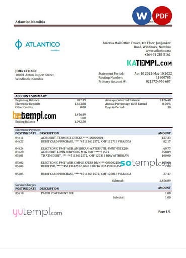 Namibia Atlantico bank statement template in Word and PDF format