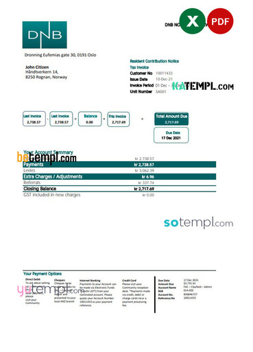 Norway DNB bank proof of address statement template in .xls and .pdf ...