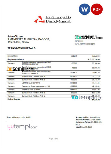 Oman Bank Muscat proof of address bank statement template in Word and PDF format (.doc and .pdf)