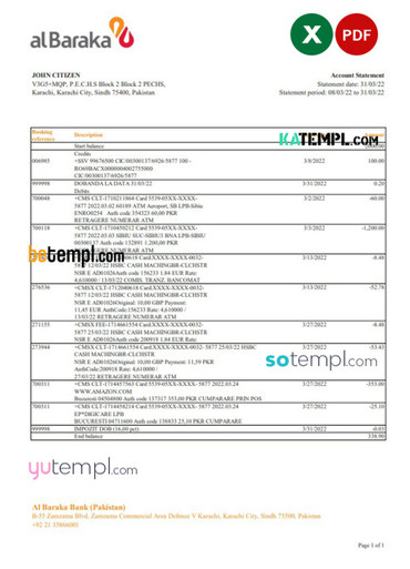 Pakistan Al Baraka bank statement Excel and PDF template