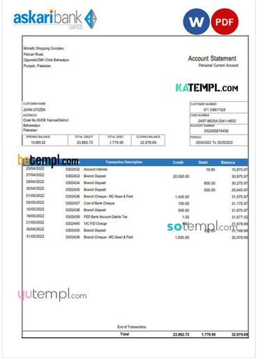 Pakistan Askaribank bank statement, Word and PDF template