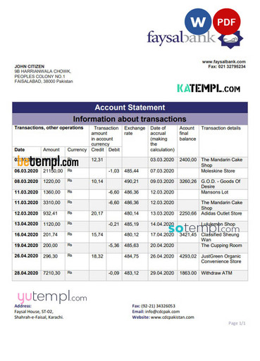 Pakistan Faysal bank statement template in Word and PDF format