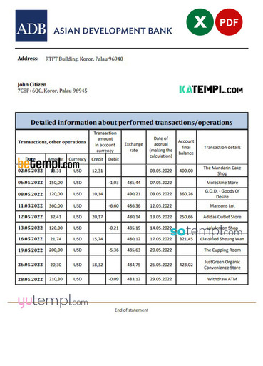 Palau ADB bank statement Excel and PDF template