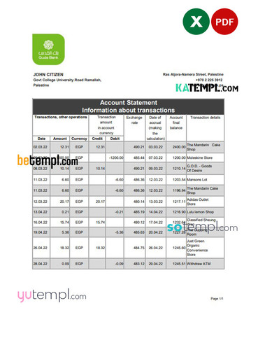 Palestine Quds bank statement Excel and PDF template