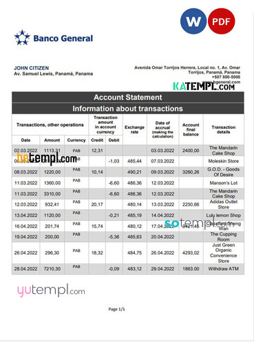 Panama Banco General bank statement Excel and PDF template