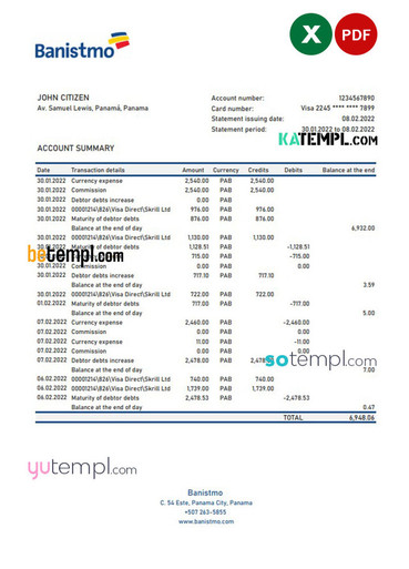 Panama Banistmo bank statement Excel and PDF template