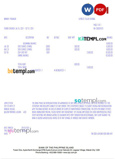 Philippines Bank of the Philippine Islands (BPI) bank statement ...