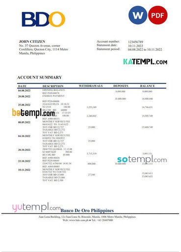 Philippines BDO bank statement template in Word and PDF format