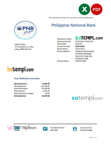 Philippines National Bank (PNB) proof of address bank statement ...