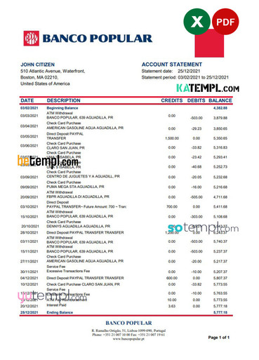 Portugal Banco Popular bank statement in Word and PDF format