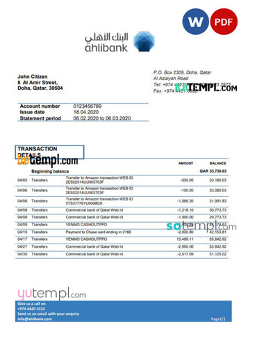 Qatar Ahlibank proof of address bank statement template in Word and PDF format, .doc and .pdf format