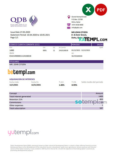 Qatar Development Bank statement template, Excel and PDF format (.xls and .pdf)