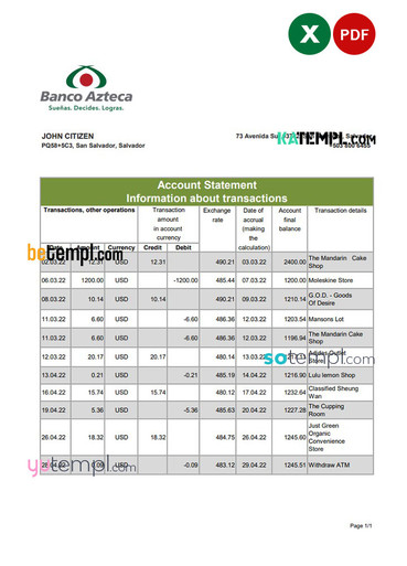 Salvador Banco Azteca bank statement, Excel and PDF template