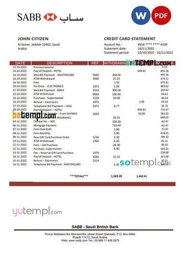 Saudi Arabia SABB bank statement template in Word and PDF format