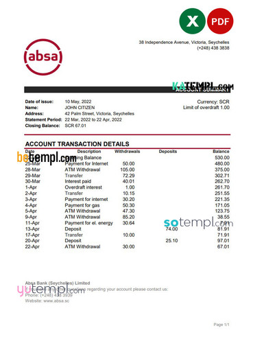 Seychelles ABSA bank statement, Excel and PDF template