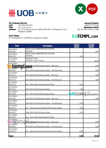 Singapore UOB bank statement, Excel and PDF template