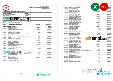 South Africa ABSA bank statement easy to fill template in Excel and PDF format (9 pages)