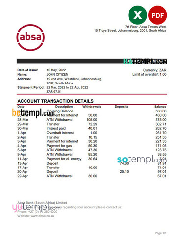 South Africa ABSA bank statement, Excel and PDF template