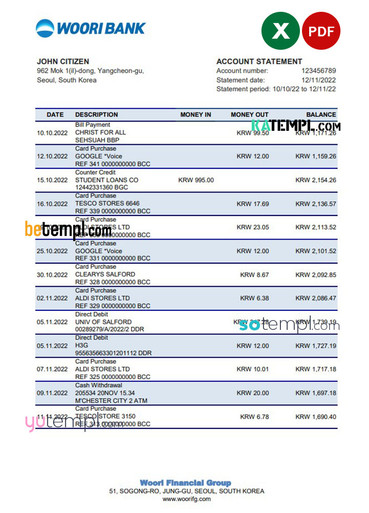 South Korea Woori bank statement, Excel and PDF template