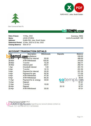 South Sudan Eden Commercial Bank statement, Excel and PDF template