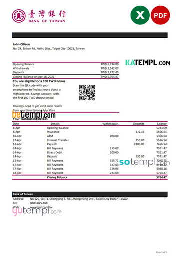 Taiwan Bank of Taiwan bank statement, Excel and PDF template