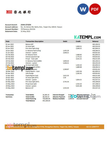 Taiwan Chang Hwa Bank statement template in Word and PDF format
