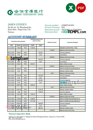 Taiwan Cooperative Bank statement easy to fill template in Excel and ...