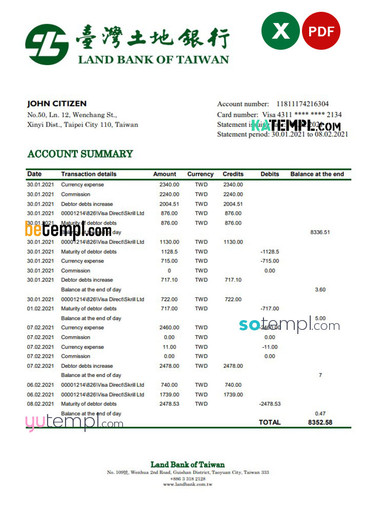 Taiwan Land Bank of Taiwan bank statement easy to fill template in ...