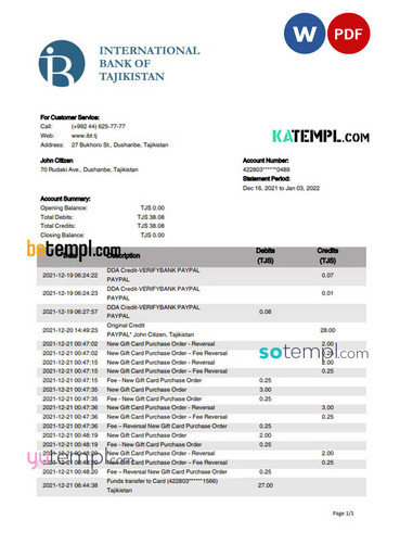 Tajikistan ITB bank statement template in Word and PDF format