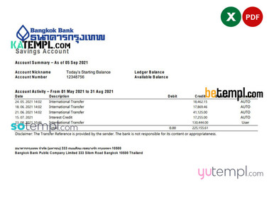 Thailand Bangkok bank statement easy to fill template in Excel and PDF ...