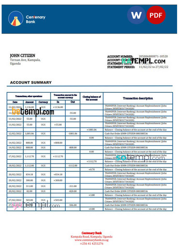 Uganda Centenary bank statement template in Word and PDF format