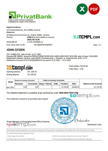 Ukraine Privatbank statement template in Excel and PDF format