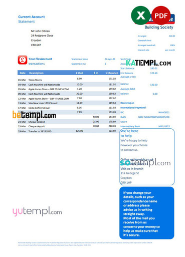 United Kingdom Nationwide bank statement template in Excel and PDF file ...