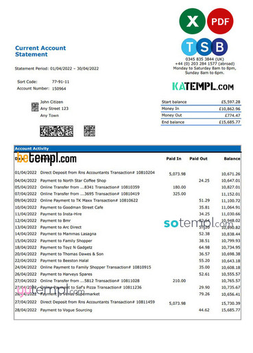 United Kingdom TSB bank statement, Excel and PDF template