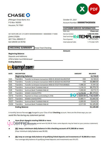 USA Chase account statement easy to fill template in Excel and PDF format