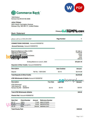 USA Commerce bank proof of address statement template in Word and PDF ...