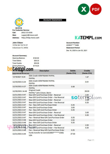 USA MOVO bank statement template in Excel and PDF format