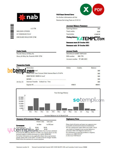 USA NAB Bank statement template in .xls and .pdf file format