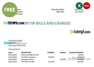 bank statement of bills and charges, Excel and PDF template
