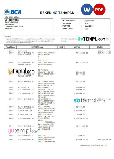 INDONESIA BCA bank statement Word and PDF template, version 2