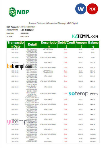PAKISTAN NBP bank statement Word and PDF template