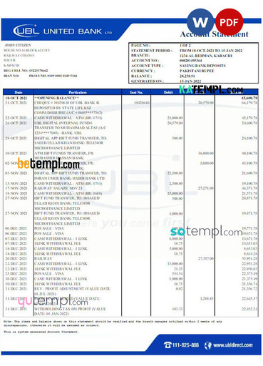 PAKISTAN UBL bank statement Word and PDF template