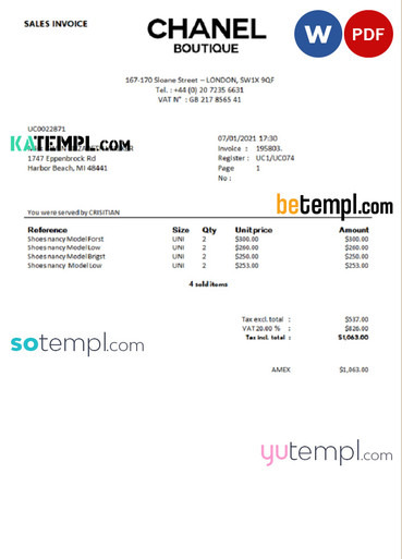 Sales Invoice Chanel Boutique template in Word format
