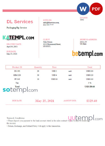 USA DL Services invoice template in Word and PDF format, fully editable
