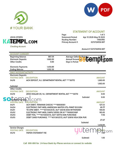 # green west universal bank multipurpose statement template in Word format