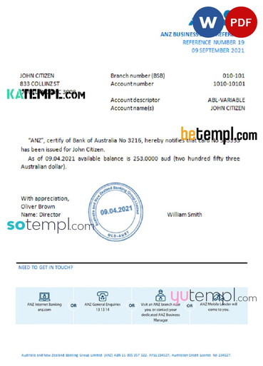 Australia ANZ bank account reference letter template in Word and PDF format